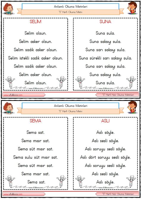 1 Sınıf S Sesi Hızlı Okuma Metinleri Hem 1 Sayfada 4 Metin Hem 1