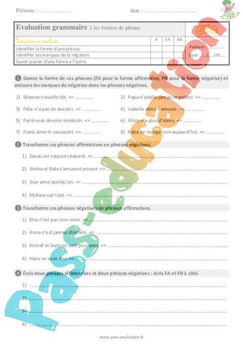 Les formes de phrases Ce2 Étude de la langue Evaluation avec la