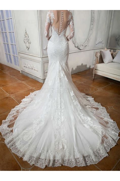 Long Sleeves Mermaid Illusion Neckline Lace Wedding Dresses Bridal