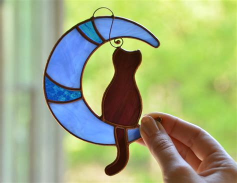 Stained Glass Cat On Moon Window Hanging For Cat Lover Pet Etsy