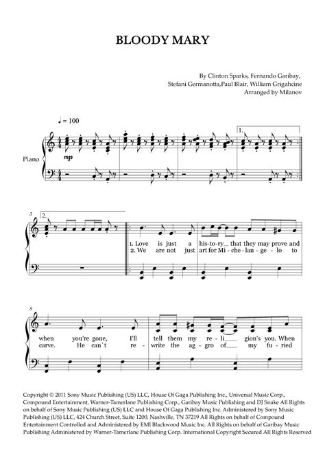 Bloody Mary Arr Milanov By Lady Gaga Sheet Music For Piano Solo At