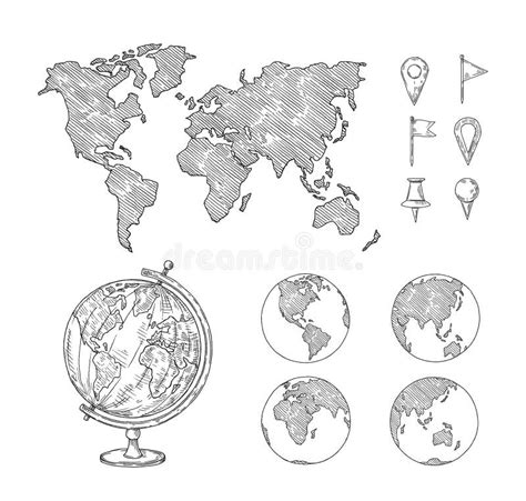 Sketch Globe World Map Black Vector Illustration Stock Illustrations