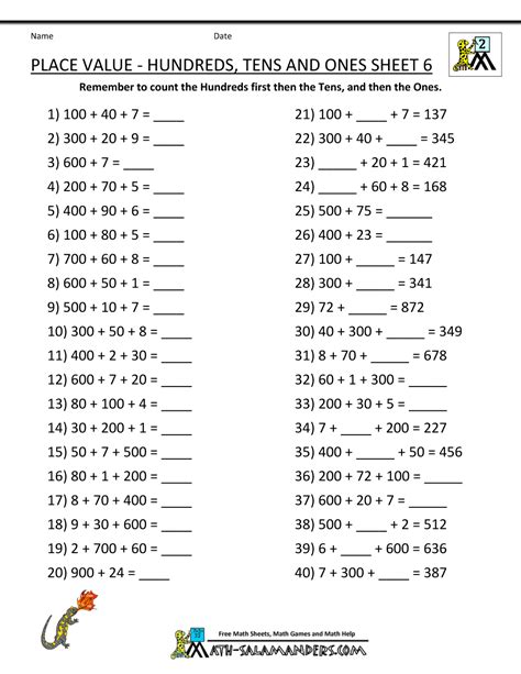 Printable Math Worksheets Place Value Hundreds Tens Ones 6 1000