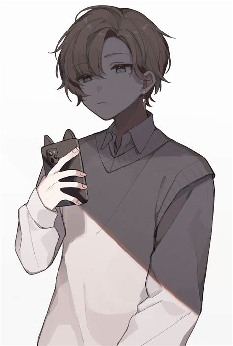 An Anime Character Holding A Cell Phone In His Right Hand And Looking