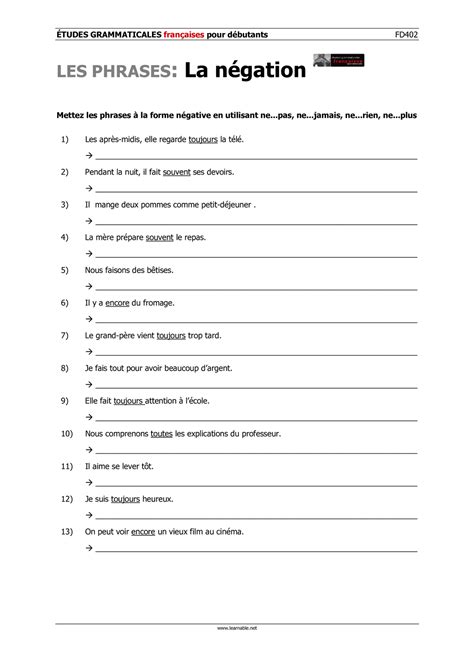 La négation Études débutants Unterrichtsmaterial im Fach