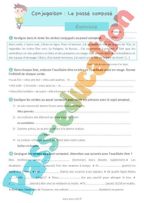 Le passé composé Exercices de conjugaison pour le cm2 PDF à