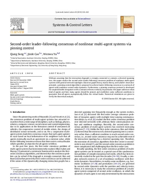 pdf second order leader following consensus of nonlinear multi agent systems via pinning