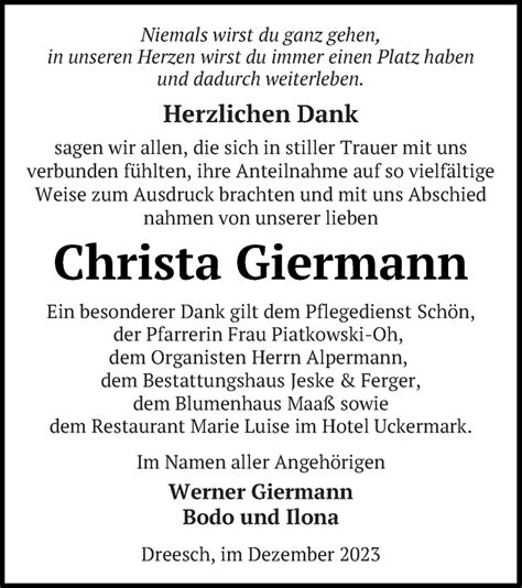 Traueranzeigen Von Christa Giermann Trauer Nordkurier