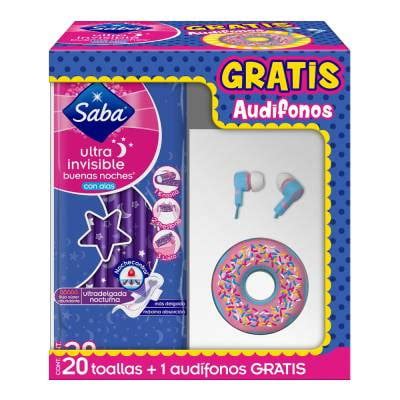Toallas Femeninas Saba Ultra Invisible Buenas Noches Con Alas 20 Pzas