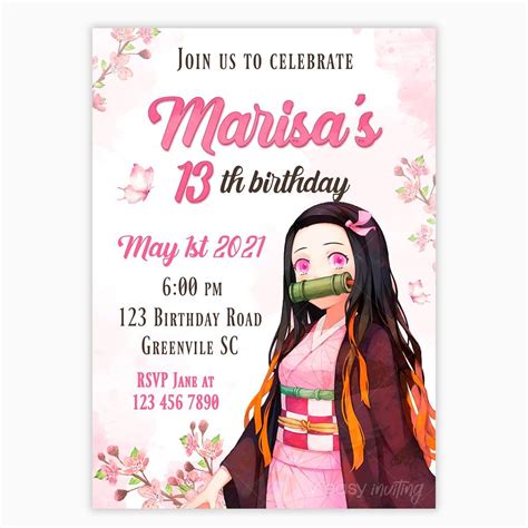 Demon Slayer Nezuko Birthday Invitation For Girls Birthday
