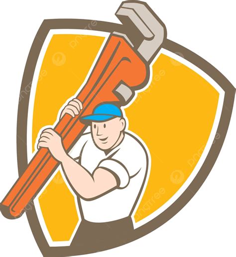 Fontanero Llevando Llave Inglesa Escudo Dibujos Animados Hombre Cresta