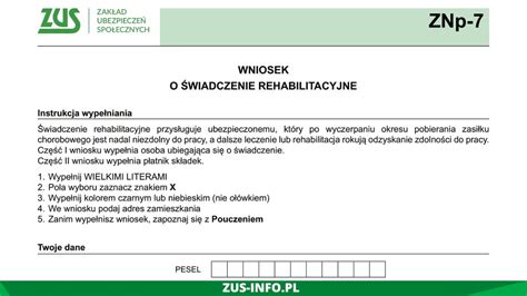 Wniosek ZUS ZNp 7 wniosek o świadczenie rehabilitacyjne