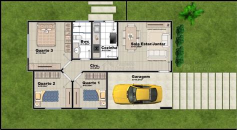 Planta de casa térrea 3 quartos Cód C006 Construindo Casas