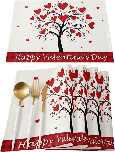 Uorbeay Valentine S Day Placemats Set Of 6 Plaid Hem Love Tree With