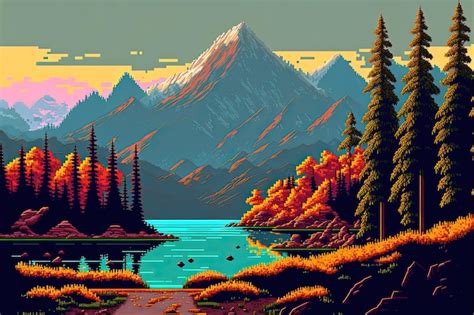 Premium AI Image Pixel Art Natural Landscape With 80s Colors With