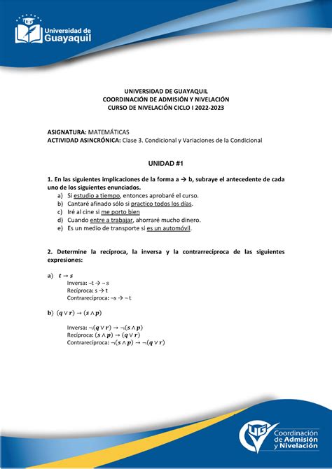 Tarea U1 Clase 3 S1 Matemáticas Nivelación UG Studocu