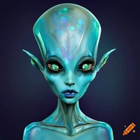 Alien Woman With Blue Skin And Black Hair Wearing Jewelry From Gold With Emeralds Rubys And