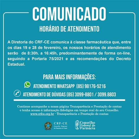 Comunicado Horário de Atendimento do CRF CE CRF CE