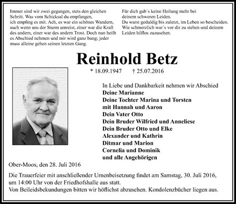 Traueranzeigen Von Reinhold Betz Vrm Trauer De