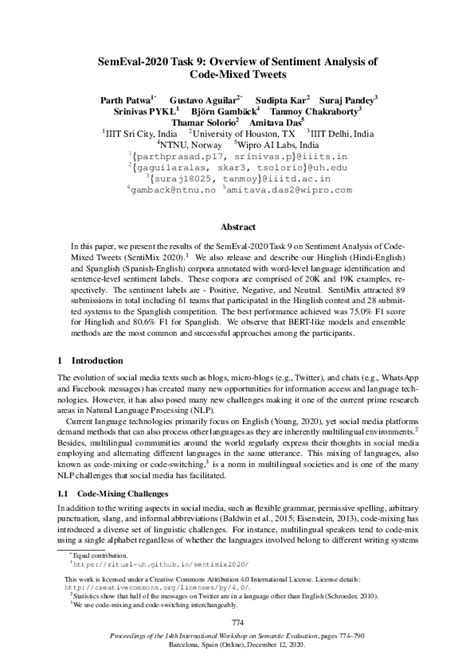 pdf semeval 2020 task 9 overview of sentiment analysis of code mixed tweets björn gambäck