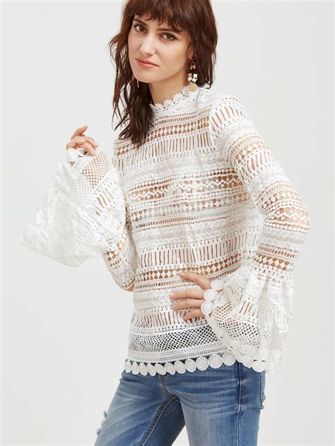 Flute Sleeve Hollow Out Embroidered Lace Top SheIn Sheinside