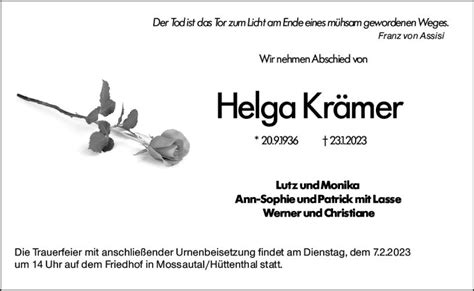 Traueranzeigen von Helga Krämer vrm trauer de