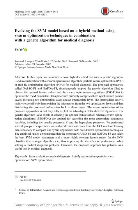 evolving the svm model based on a hybrid method using swarm optimization techniques in