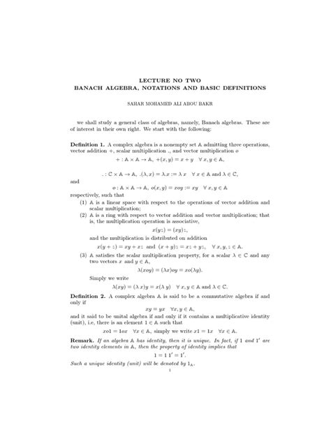 lecture no two banach algebra notations and basic definitions pdf operator mathematics