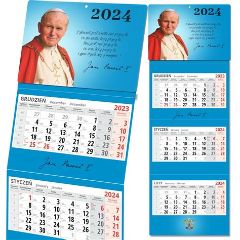 KALENDARZ ŚCIENNY TRÓJDZIELNY NA NOWY ROK 2024 JAN PAWEŁ II PREZENT Y3