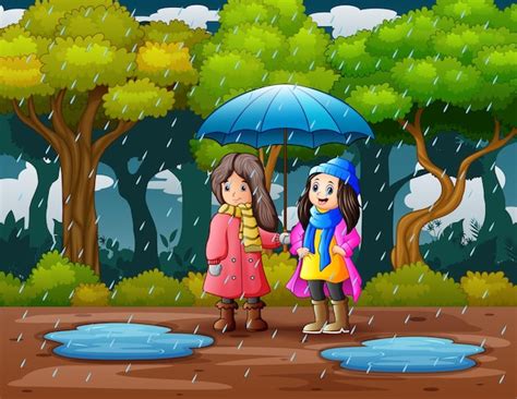 Niños usando paraguas bajo la lluvia Vector Premium