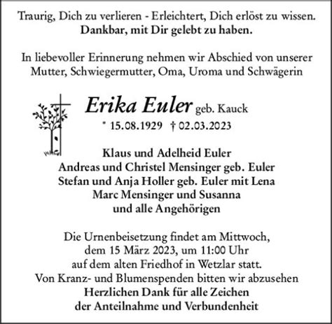 Traueranzeigen Von Erika Euler Vrm Trauer De