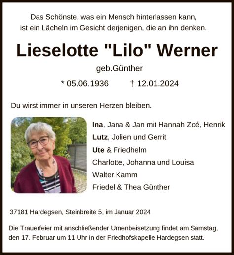 Traueranzeigen Von Lieselotte Werner Trauer HNA De