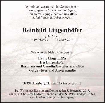 Traueranzeigen von Reinhild Lingenhöfer Trauer in NRW de