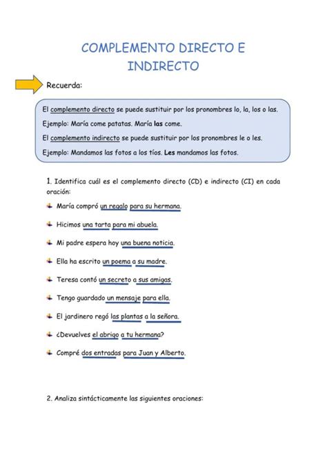 Complemento Directo E Indirecto Ejercicios Resueltos PDF
