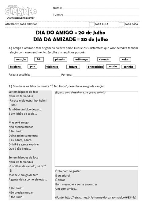 Atividades para Alfabetização Dia do Amigo e Dia da Amizade Nosso