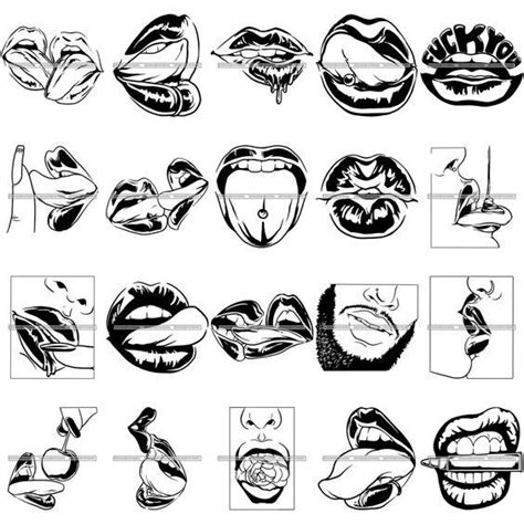 Various Lips And Mouths Drawn In Black Ink