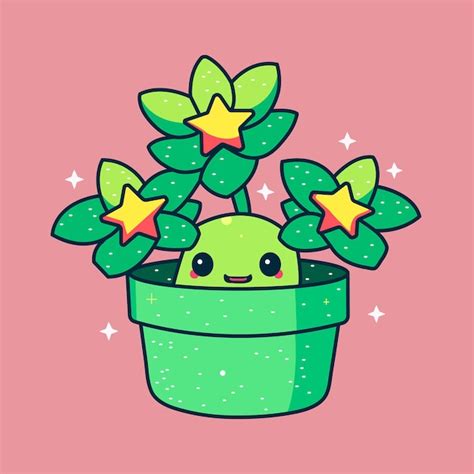 Dibujado A Mano Linda Planta Flor Hoja Maceta Feliz Personaje Kawaii