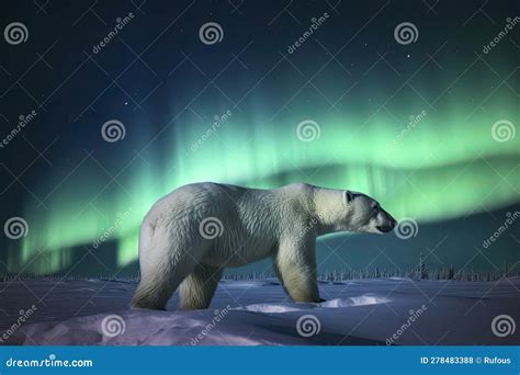 Polar Bear With Northern Lights Aurora Borealis Night Image With