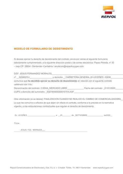 Repsol Formulario Desistimiento