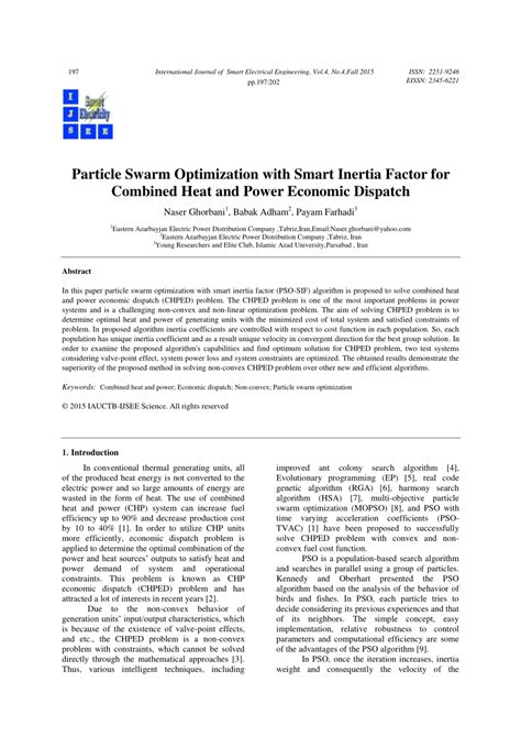 pdf particle swarm optimization with smart inertia factor for combined heat and power economic