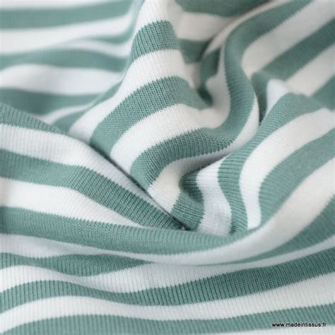 Tissu jersey à rayures menthe et blanc Oeko tex au mètre