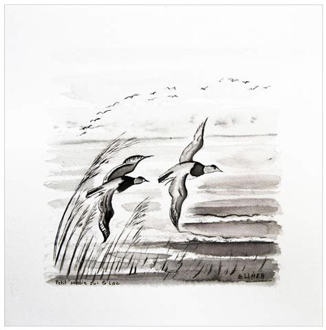 Dessin encre de chine Petit Matin sur le Lac Art Style Déco