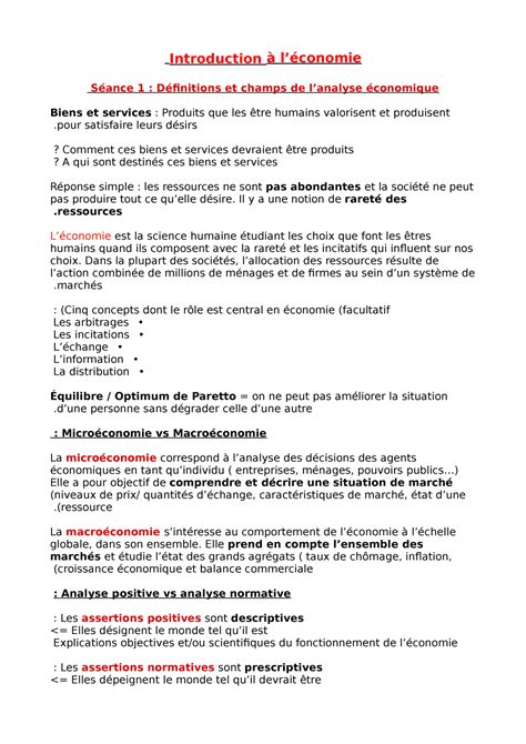 Séance 1 définitions et champs de l analyse économique Introduction