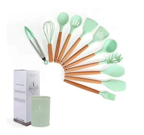 Jogo C 12 Utensílios De Cozinha Silicone Cabo Madeira Parcelamento