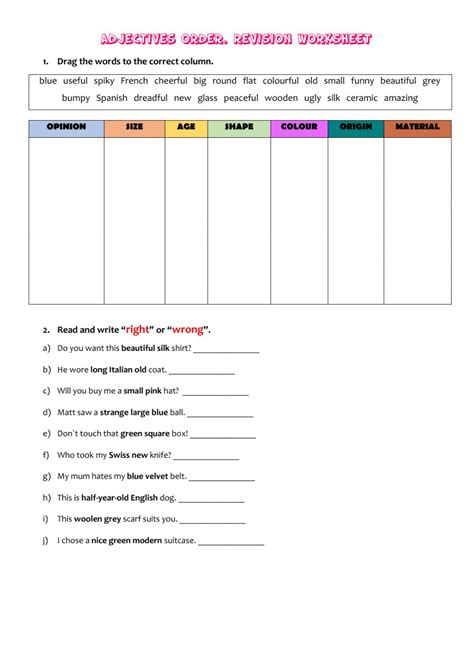 Adjectives Order Activity Adjectiveworksheets Net