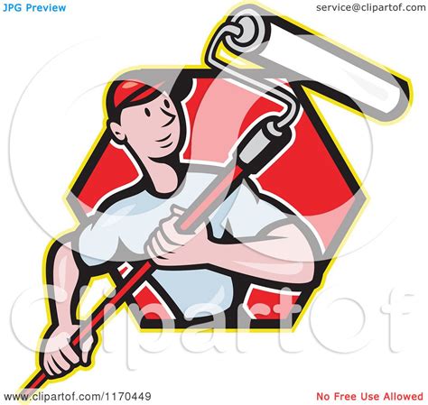 Clipart Of A Cartoon Painter Man Using A Roller Brush In A Red Hexagon