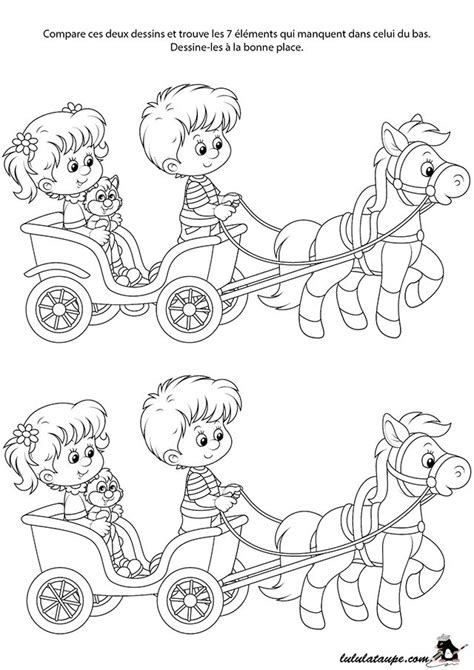 Jeu des différences à imprimer les enfants et le cheval Lulu la
