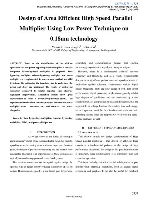 pdf design of area efficient high speed parallel multiplier using low power technique on 0