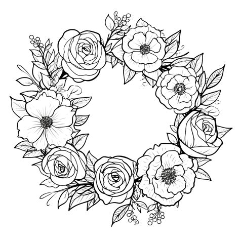Doodle Line Art Rose Flower Bouquet Wreath Frame Flower Drawing Rose