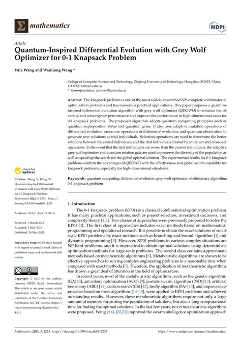 pdf quantum inspired differential evolution with grey wolf optimizer for 0 1 knapsack problem